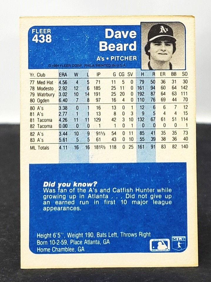 DAVE BEARD Signed Autograph 1984 Fleer Baseball Card #438 Oakland ...