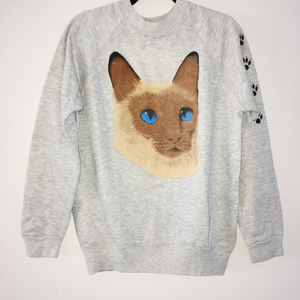 Vintage Bassett Walker Feline Cat Paw Blue Eyes Print Sweater ...