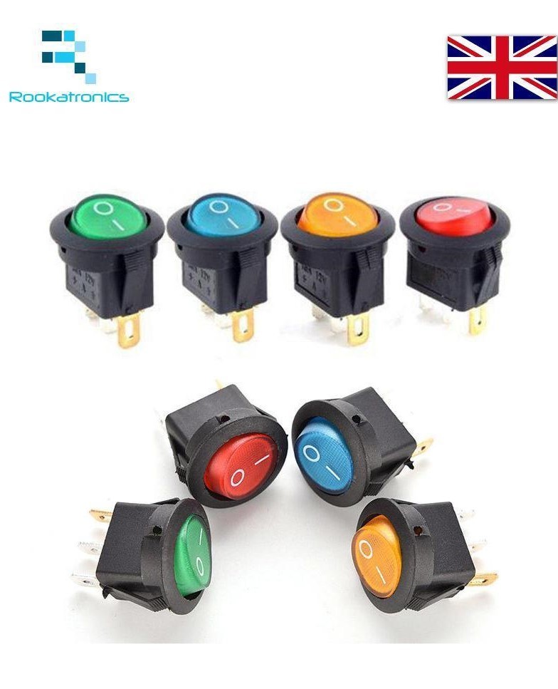 12V LED Switch 20mm Round Rocker 16A ON/OFF SPST 3 Pins Red Yellow ...