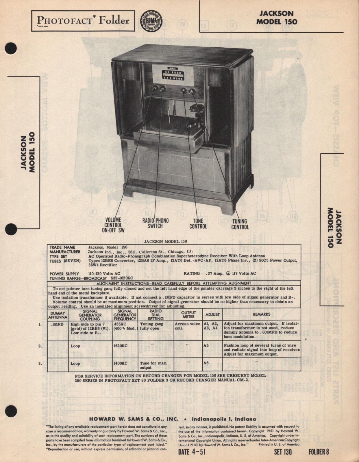 JACKSON - Radio/Phonograph - Floor Model - Model 150 - Photo Fact ...
