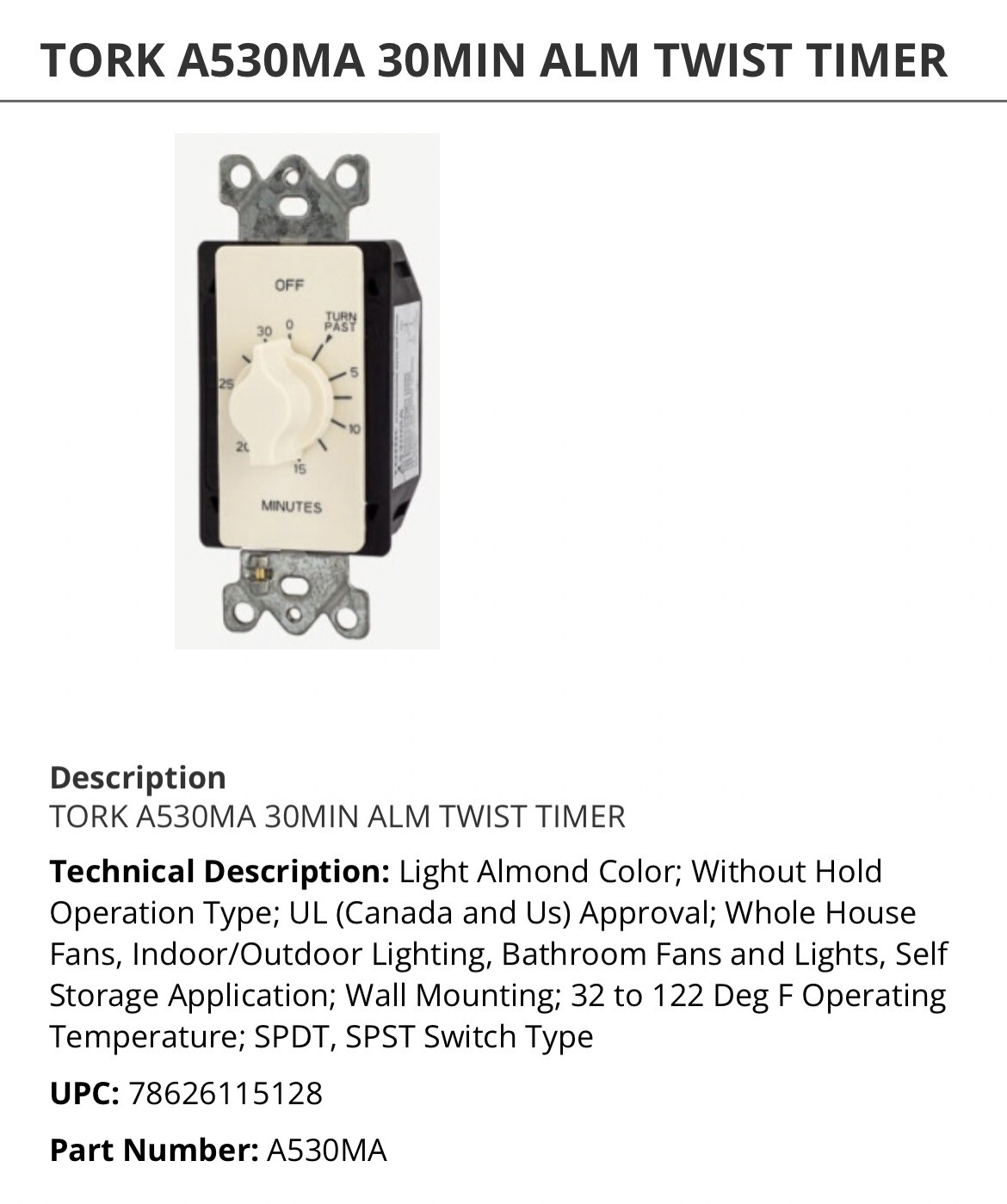 (C) TORK A530MA 30 Minute In-Wall Spring Wound Timer Switch NO HOLD 125 ...