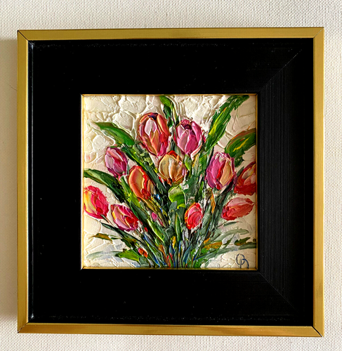 Original OIL Impasto PAINTING "TULIPS" Impressionism 4"x4"by Olga Diduh ...