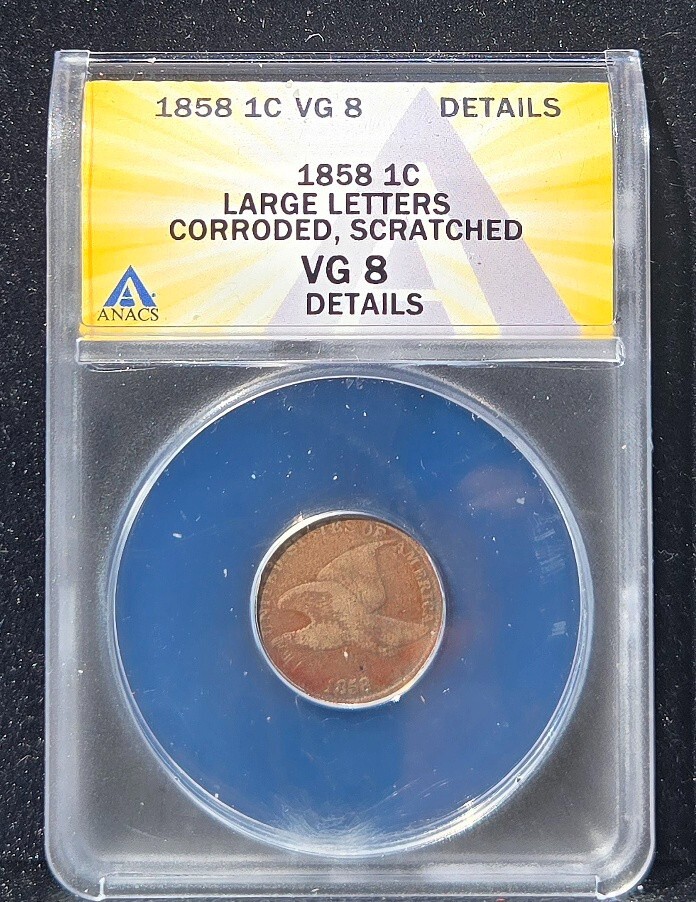 1858 1c Flying Eagle Cent, Large Letters ANACS Very Good VG8 Details | eBay