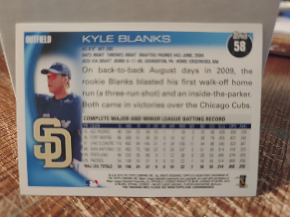 Kyle Blanks Autographed 2010 Topps Signed Baseball Card #58 San Diego ...