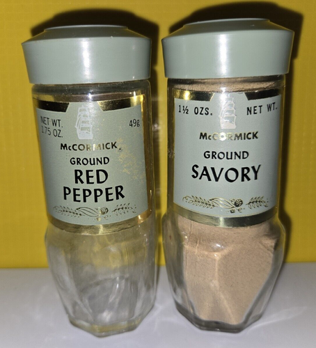 2 Vintage McCormick Glass Spice Jars Sage Lids Ground Savory, Red ...