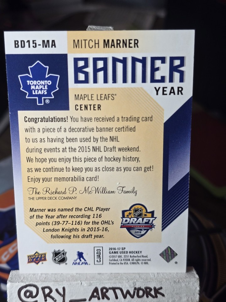 2016 SP GAME USED #BD15-MA MITCH MARNER BANNER YEAR DRAFT RELIC RC ...