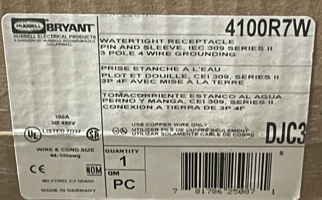 Bryant 4100R7W Pin and Sleeve Devices Female Receptacle 3-Pole 4-Wire ...