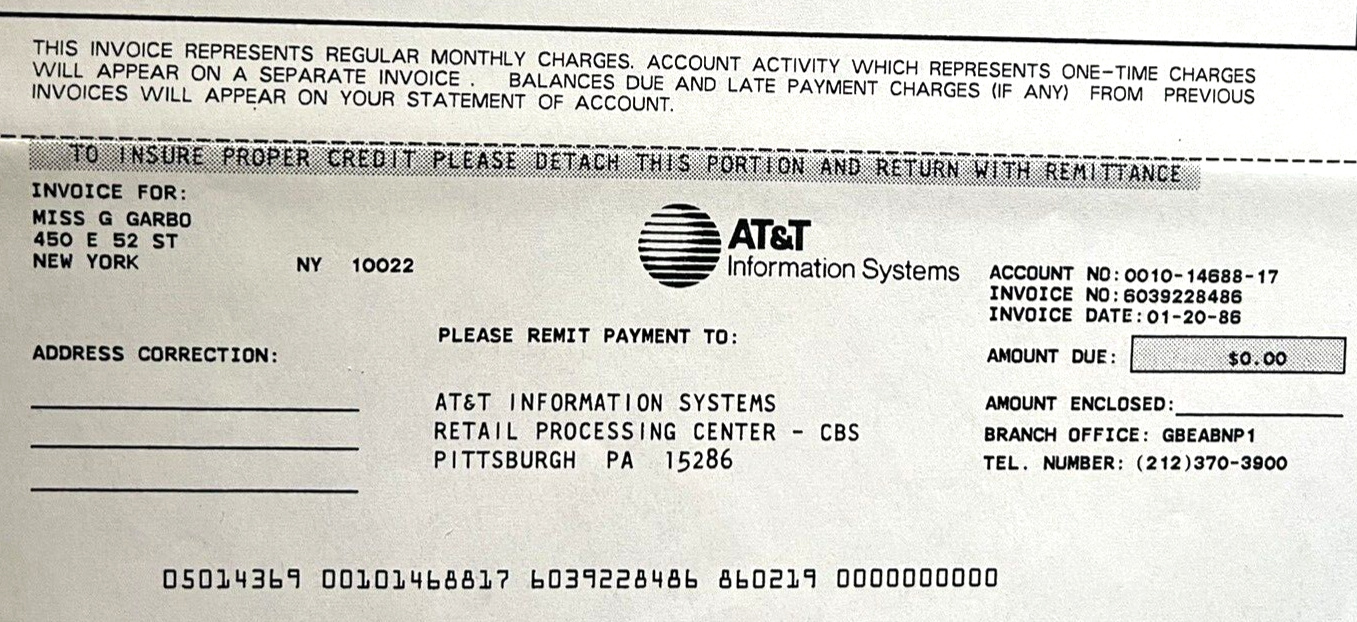 MISS G (GRETA) GARBO'S RARE ORIG. 1986 AT&T PHONE BILL PAGE W/ORIG ...