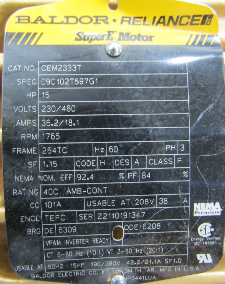 😃 NEW BALDOR 15 HP ELECTRIC AC MOTOR 230/460V 254TC FRAME 1765 RPM 3Ø ...