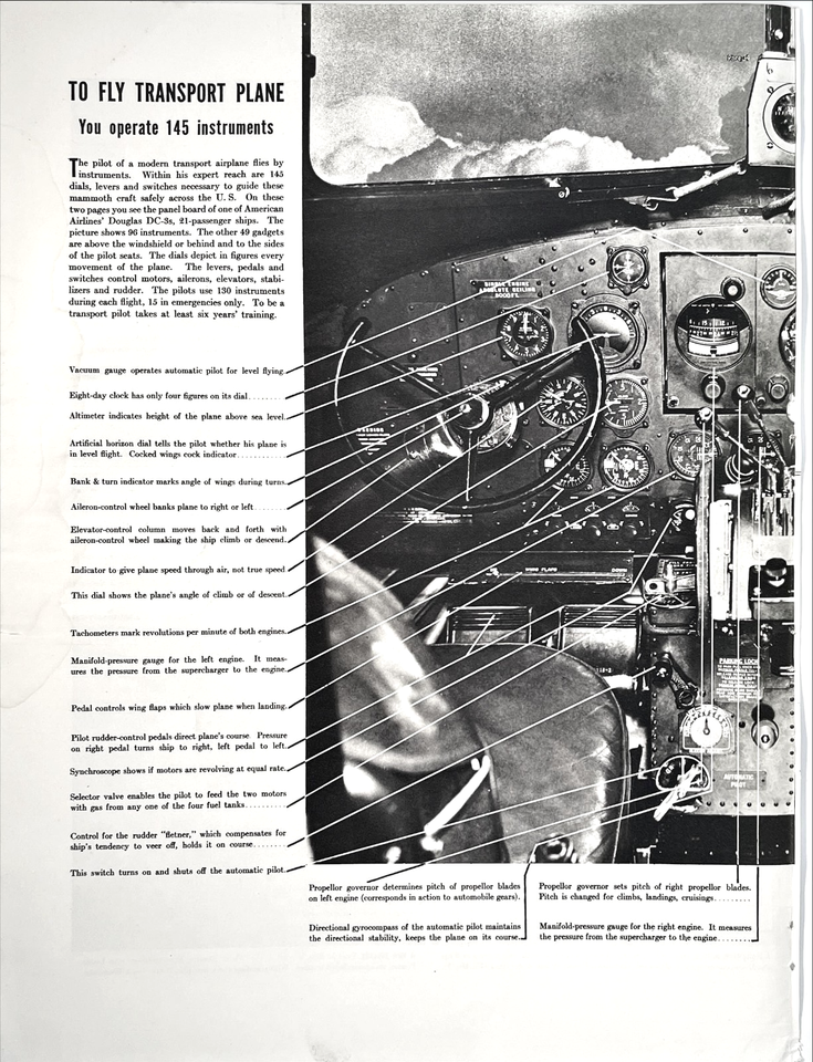 Airliner Transport Cockpit Instrument Cluster Labeled Diagram 1937 Mag ...