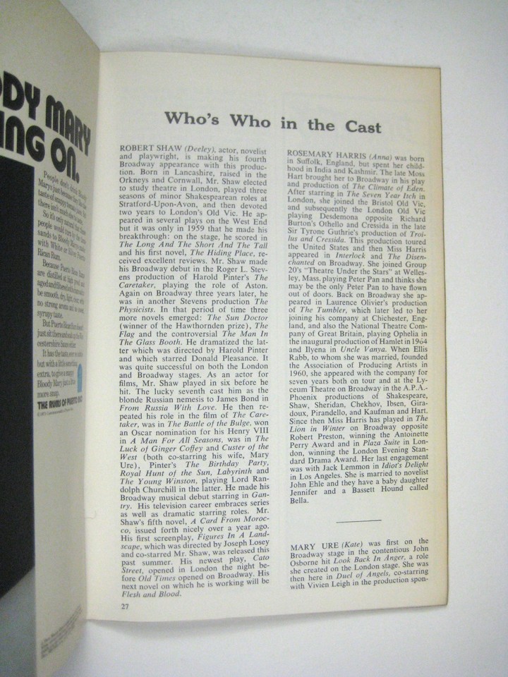 Old Times Playbill 1972 Billy Rose Theatre Rosemary Harris Mary Ure ...