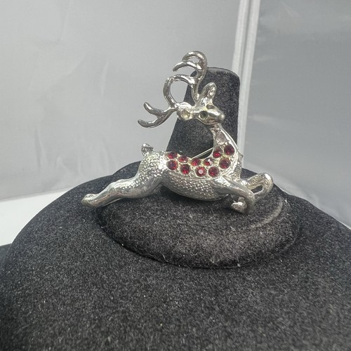 Vintage Silver Tone Red Rhinestone Leaping Reindeer Christmas Brooch ...