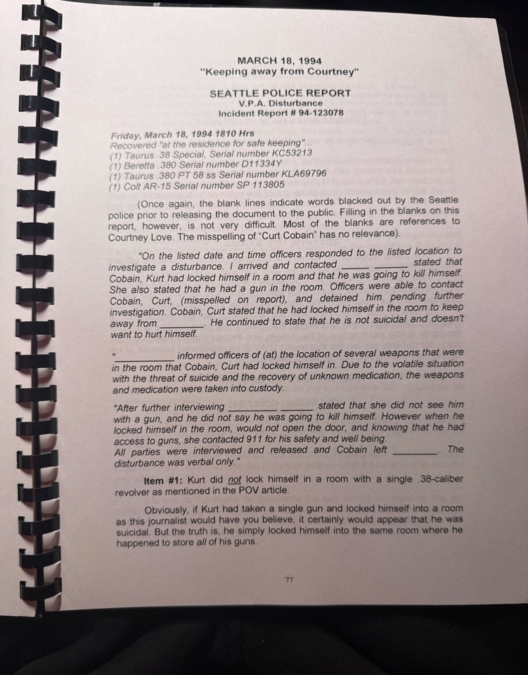Kurt Cobain Murder Investigation Case Study Manual (Signed By Tom Grant ...