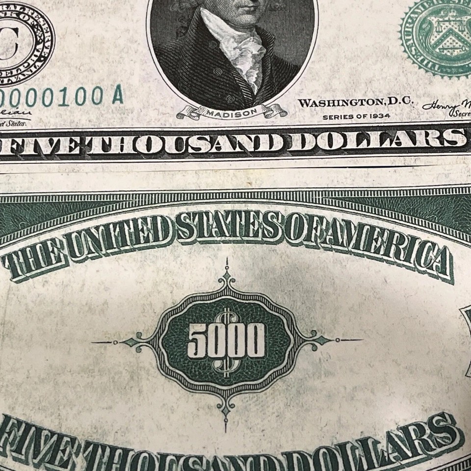 Reproduction USA 1934 $5000 Bill Federal Reserve Note Philadelphia Read ...