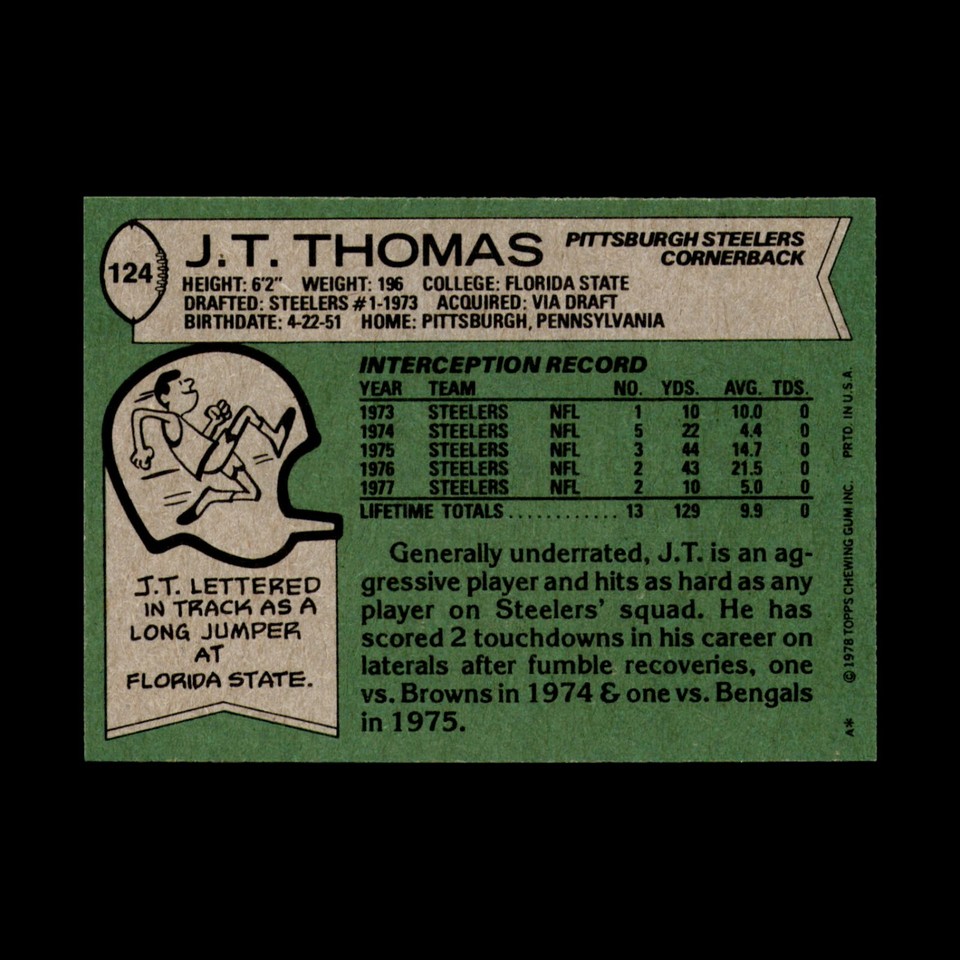 J.T. Thomas 1978 Topps Set Break Football #124 Steelers - GREAT ...