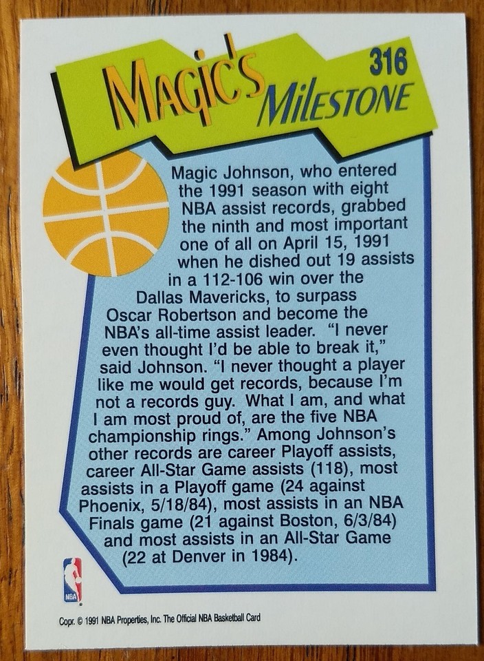 MAGIC JOHNSON, 1991-92 NBA HOOPS, MILESTONES ASSISTS #316 | eBay