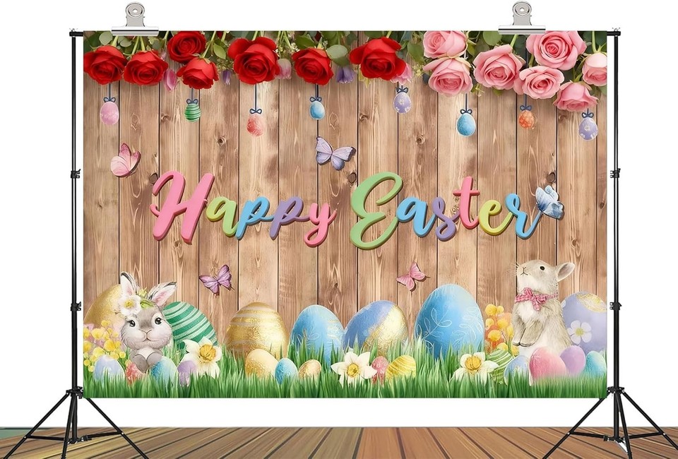7x5ft Fabric Easter Wooden Wall Photography Backdrop Bunny Eggs Spring ...