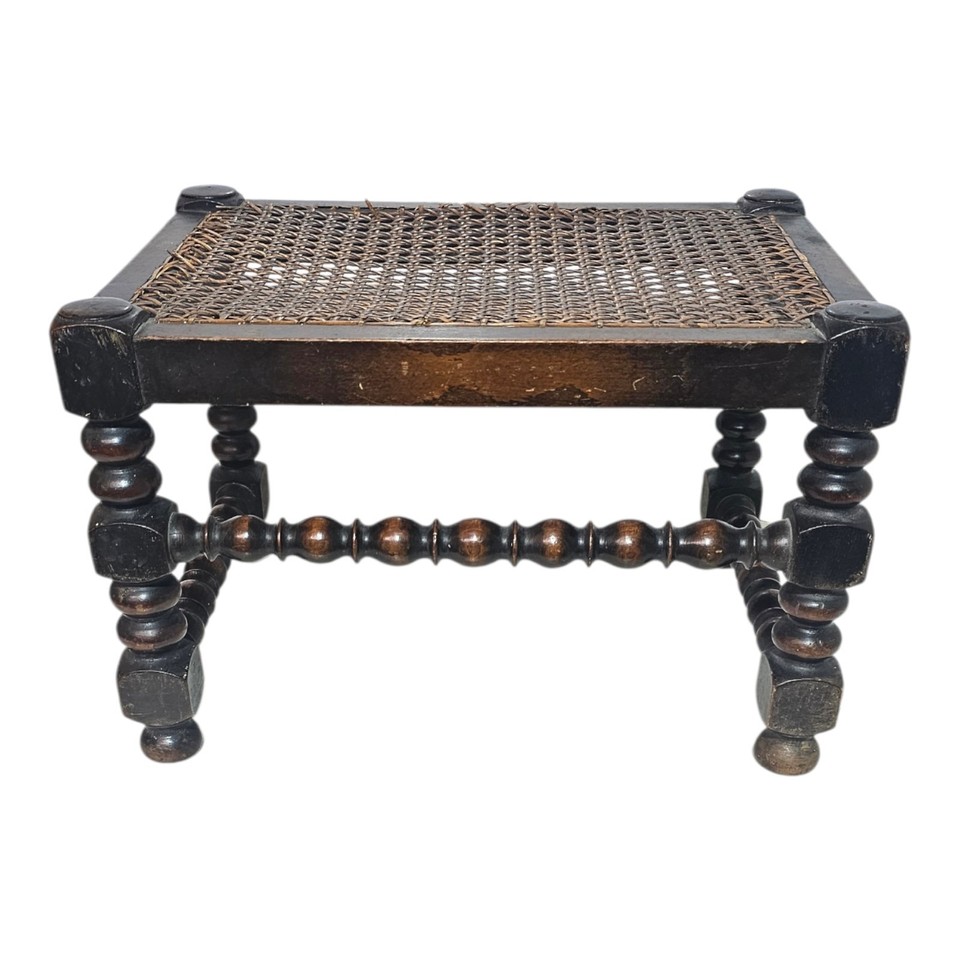 Antique Oak Bobbin Turned Stool with Woven Cane Top | eBay UK