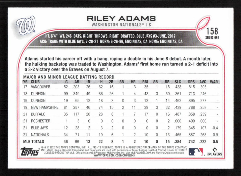 2022 Topps Riley Adams #158 Baseball Rookie Washington Nationals RC | eBay