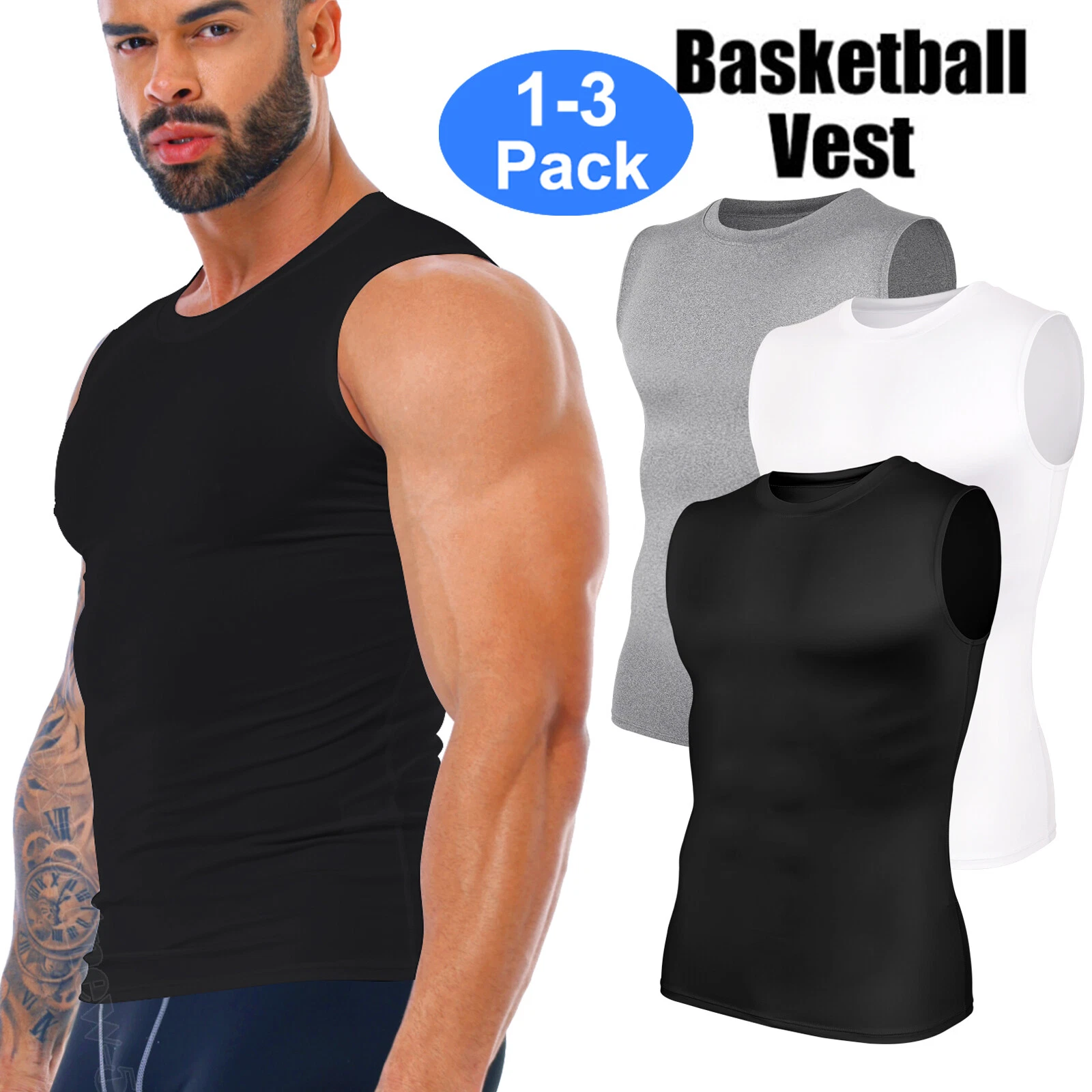 1-3PACK Mens Compression Sport Vest Tight Tank Base Layer Sleeveless ...