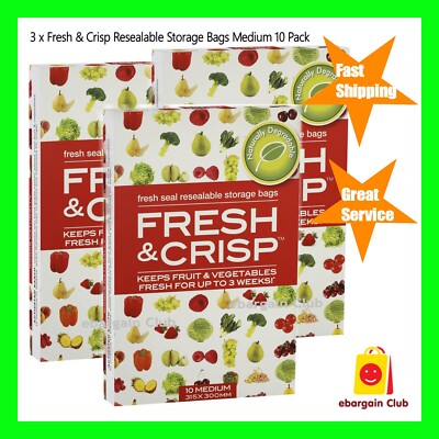 3 x Fresh & Crisp Resealable Storage Bags 10 Pack Keep Fruit & Vege Up ...