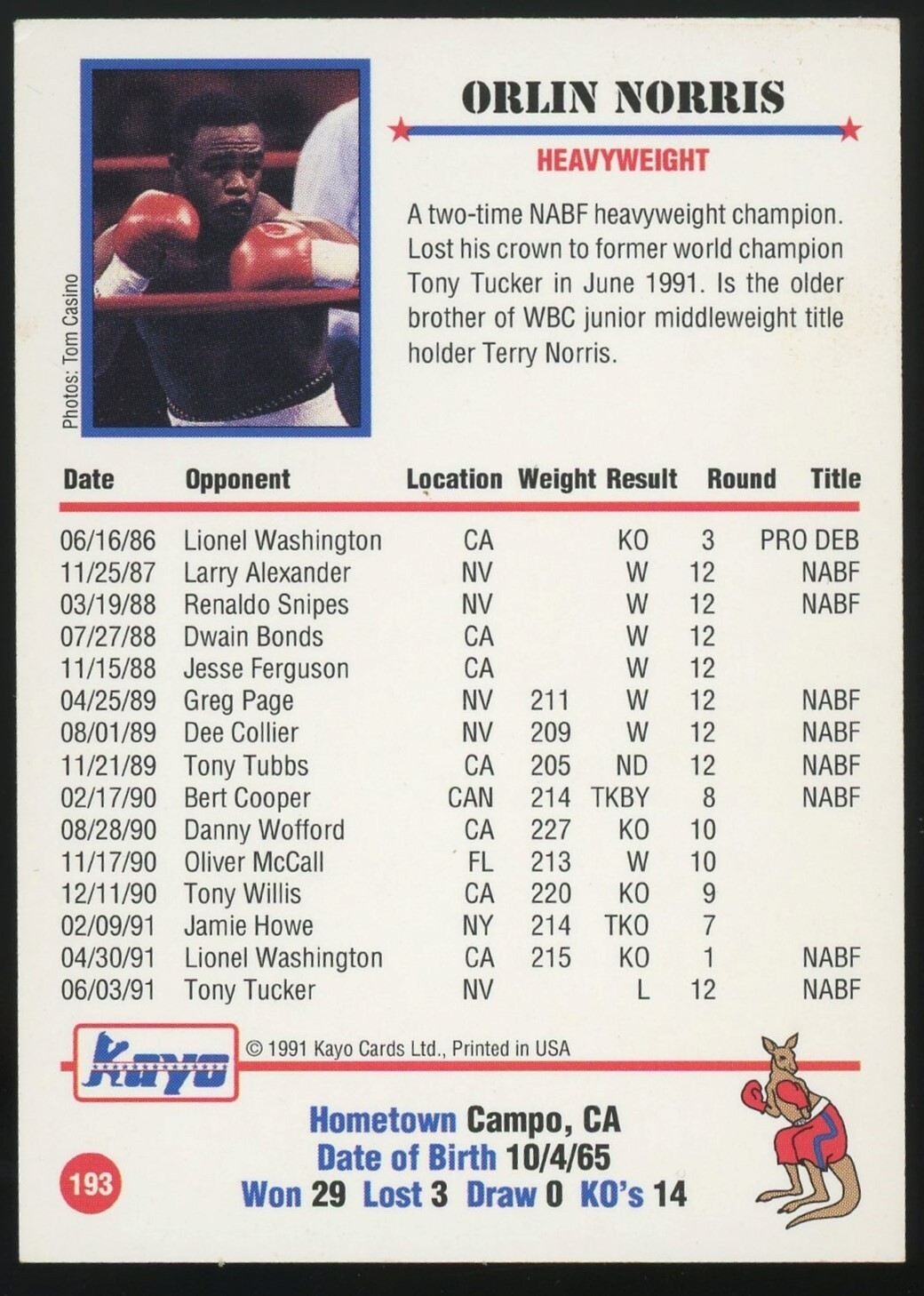 1991 Kayo Boxing Orlin Norris #193 Auto Autograph Signed Silver Ink ...