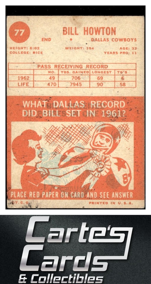 Bill Howton 1963 Topps #77 Dallas Cowboys Short Print | eBay