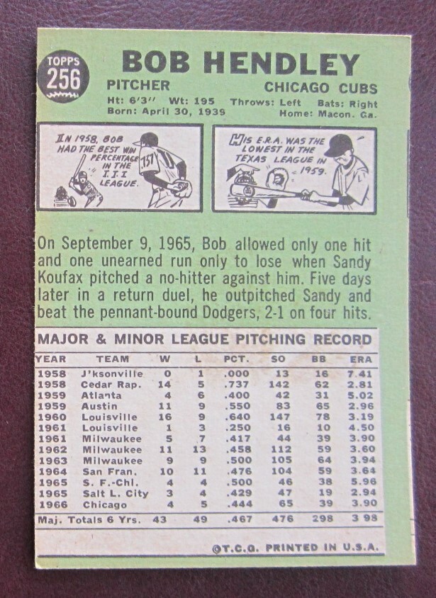 1967 Topps Bob Hendley (Chicago Cubs) #256 VG/EX | eBay