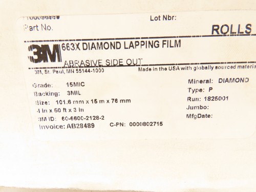 3m 7100096999 3M Diamond Lapping Film 663X, 15 micron, 3 mil, 4"x50 ...