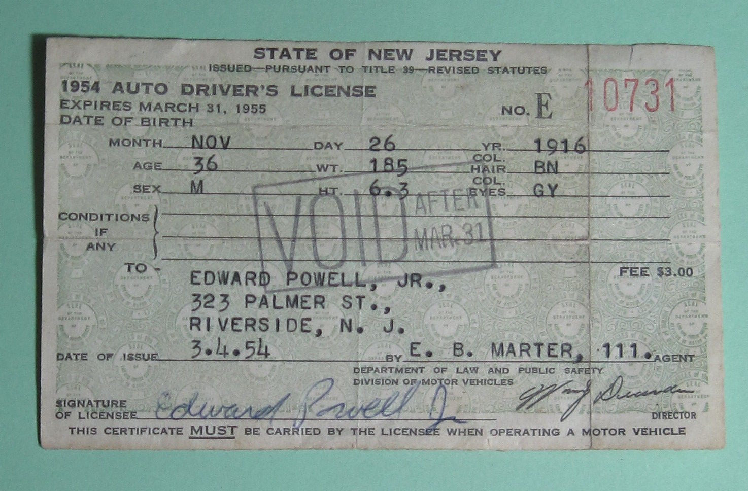 Vintage 1954 Riverside New Jersey Vehicle Registration Auto Driver's ...