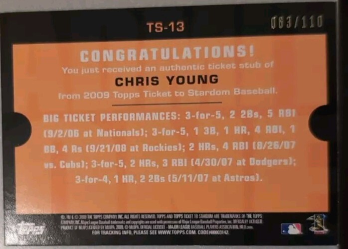 CHRIS YOUNG 2009 Topps Ticket To Stardom JUMBO STUB PATCH SP #/110 ...