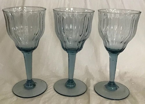 3 LIGHT BLUE WATER WINE GOBLET RIBBED GLASSES Beveled Stem Some Bubbles ...