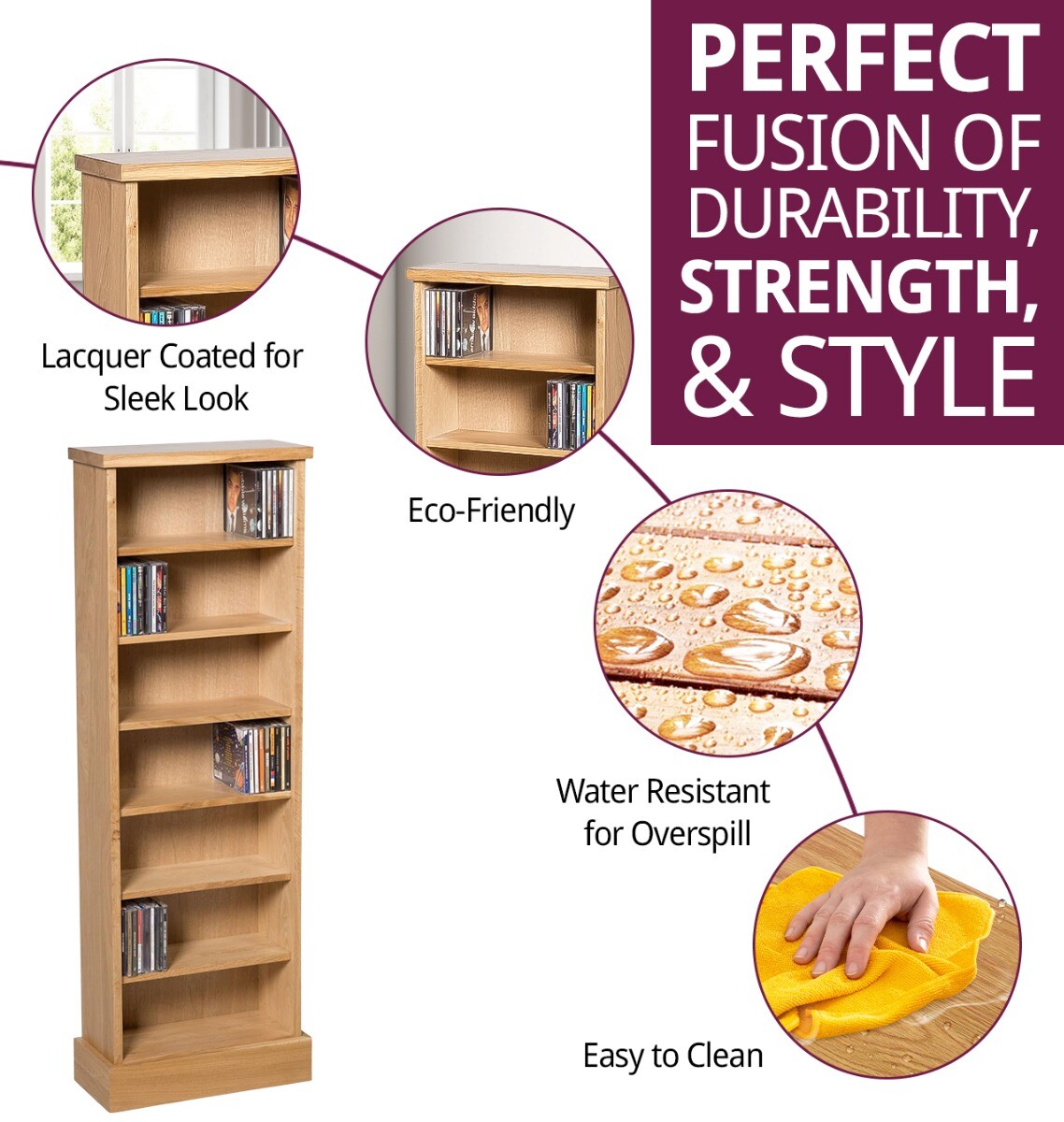 CD Storage Rack, Wooden Shelving Tower Unit, Oak Display Cabinet ...