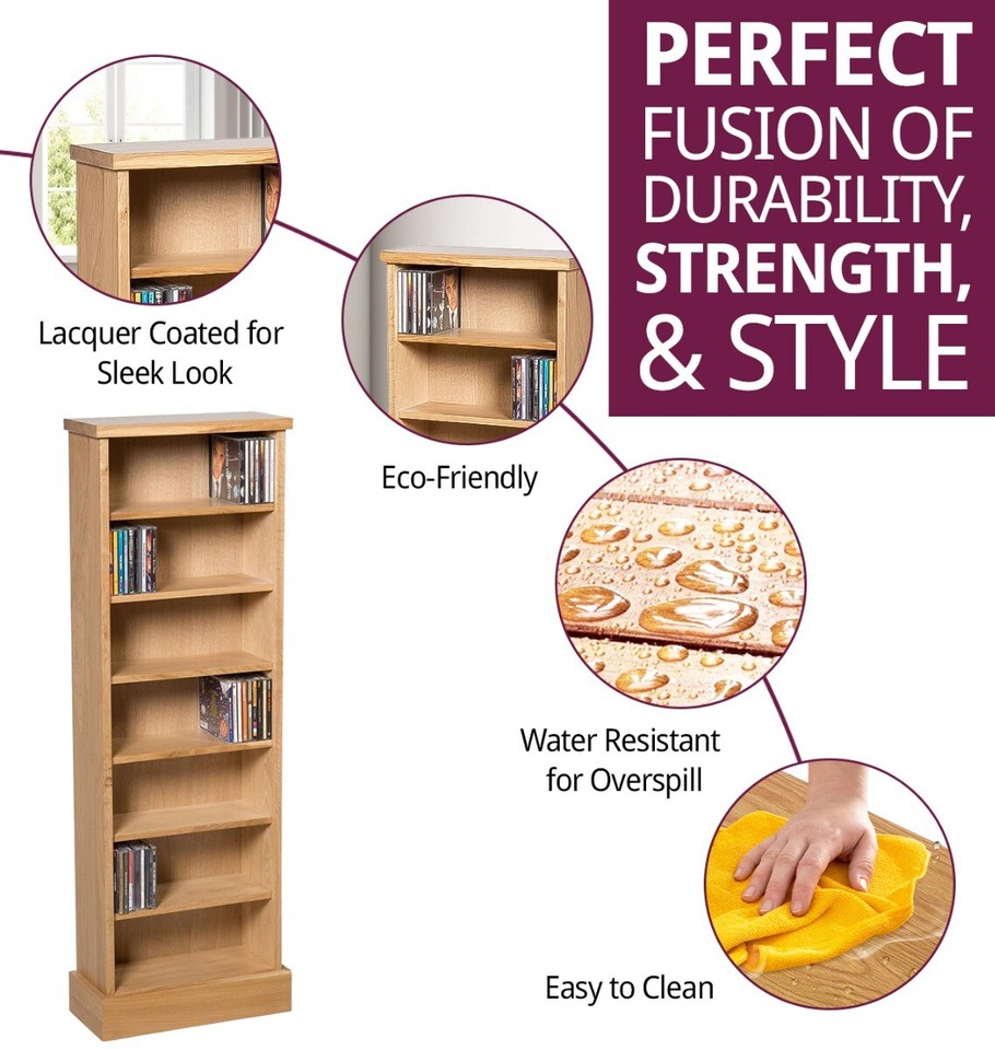 CD Storage Rack, Wooden Shelving Tower Unit, Oak Display Cabinet ...
