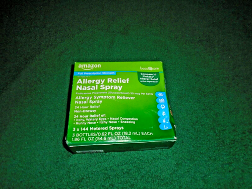 3 BOTTLES Basic Care 50 mcg 24 Hour Allergy Symptom Non Drowsy Nasal ...