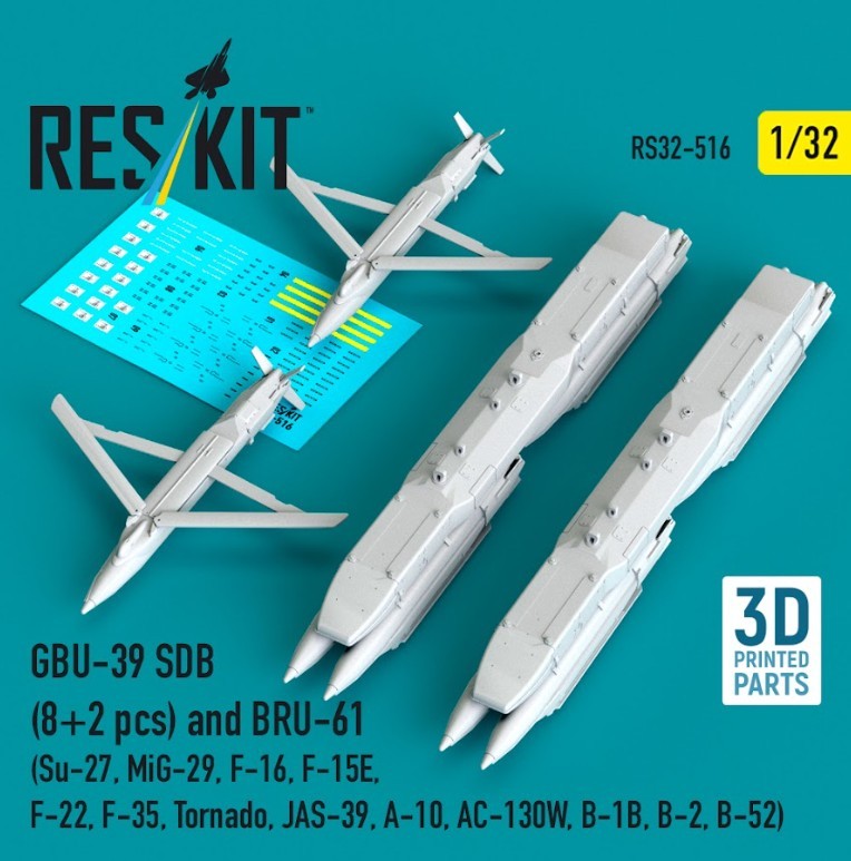 Reskit RS32-0516 1/32 GBU-39 SDB (8 pcs) and BRU-61 (2 pcs) Su-27 MiG ...