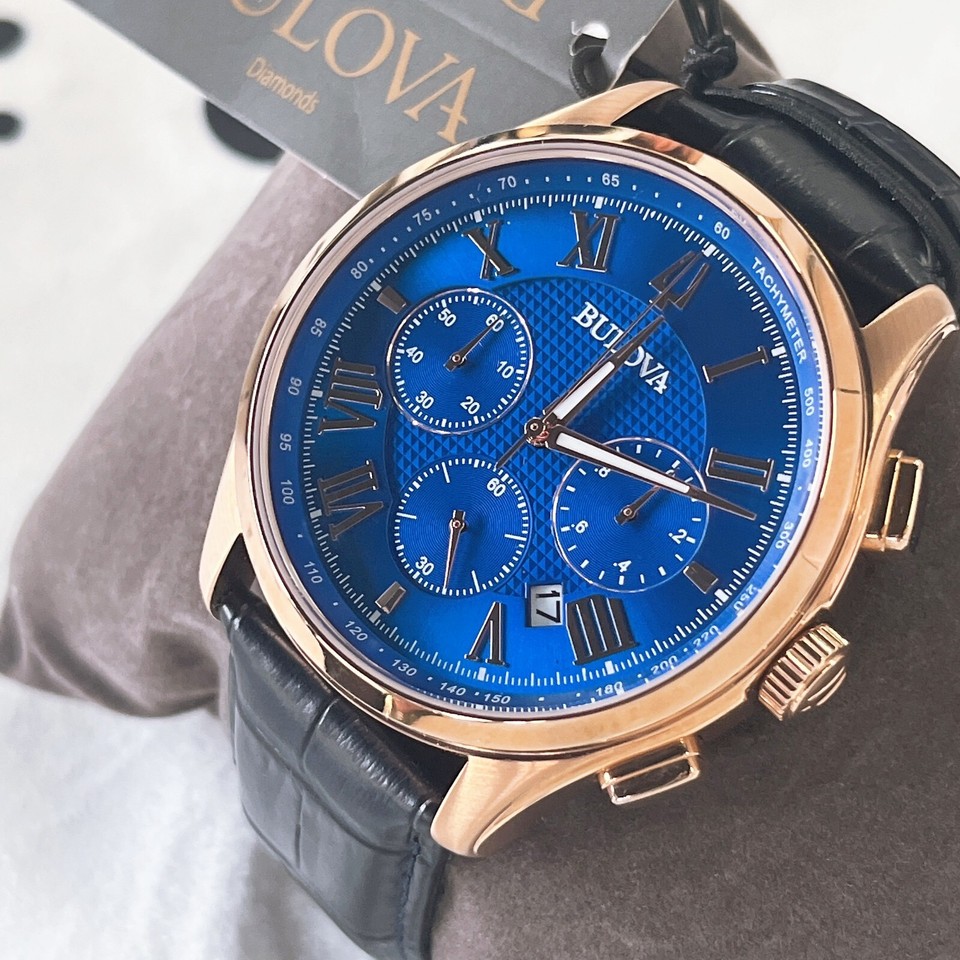 Bulova 97B170 Wilton 46.5mm Bule Dial Leather Strap Classic Quartz Men ...