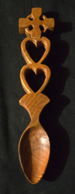 Carved Wood Welsh Love Spoon Light Celtic Cross Double Stacked Hearts ...