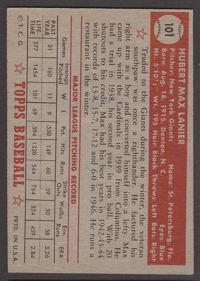 1952 TOPPS BASEBALL # 101 MAX LANIER INV 9104 | eBay