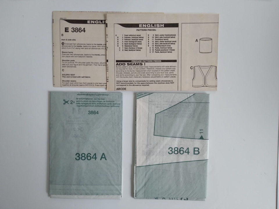 BURDA #3864 MISSES SIZES 10-12-14-16-18-20 TOP COWL VEST SKIRT PANTS ...