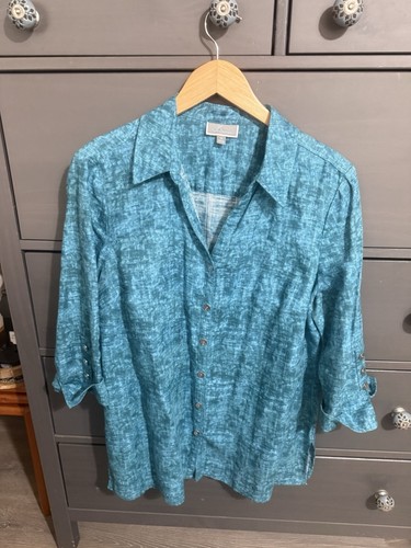 JM Collection Sz 14 Teal Blue Linen Blend 3/4 Sleeve Metal Buttons ...