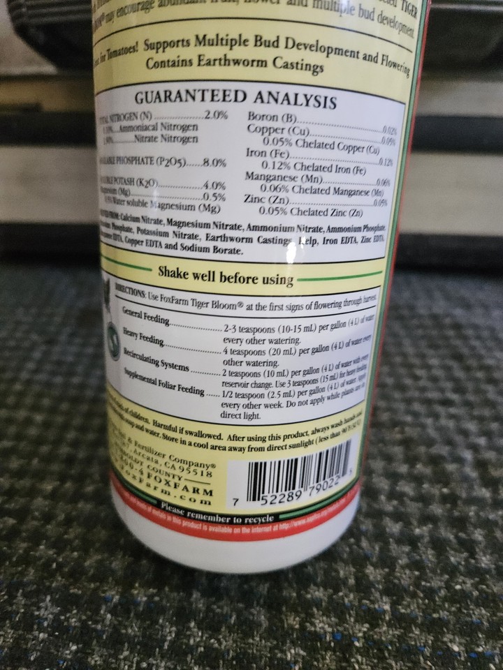 Fox Farm Tiger Bloom Liquid Concentrate Fertilizer, Quart 752289790225 ...