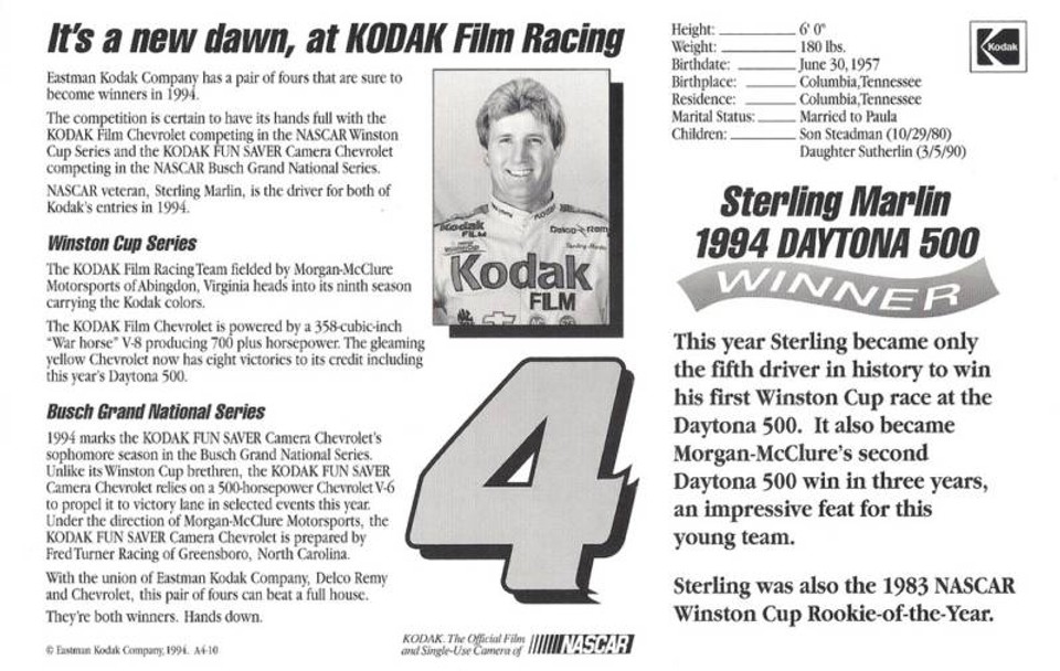 STERLING MARLIN 1994 KODAK FILM NASCAR PHOTO POSTCARD | eBay