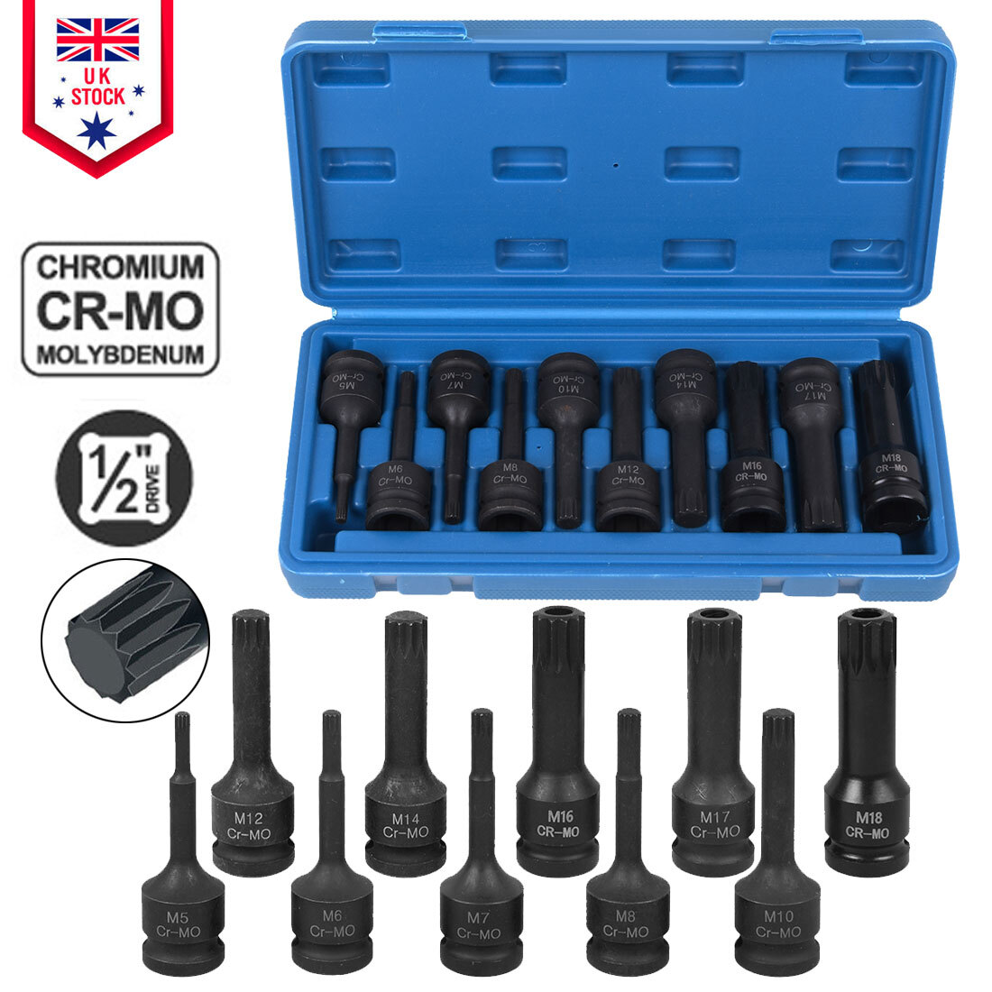 1/2" DRIVE IMPACT SPLINE TORX STAR BIT SOCKET SET M5 M6 M8 M10 M12 M14 ...