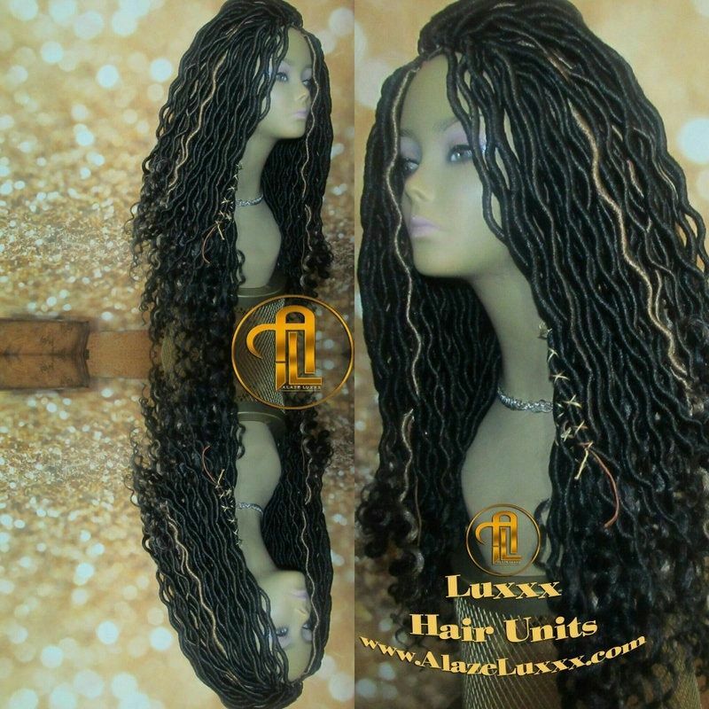 16in Individual Goddess Faux Locs Wig Wavy Black Dreads 1B Honey Blonde ...