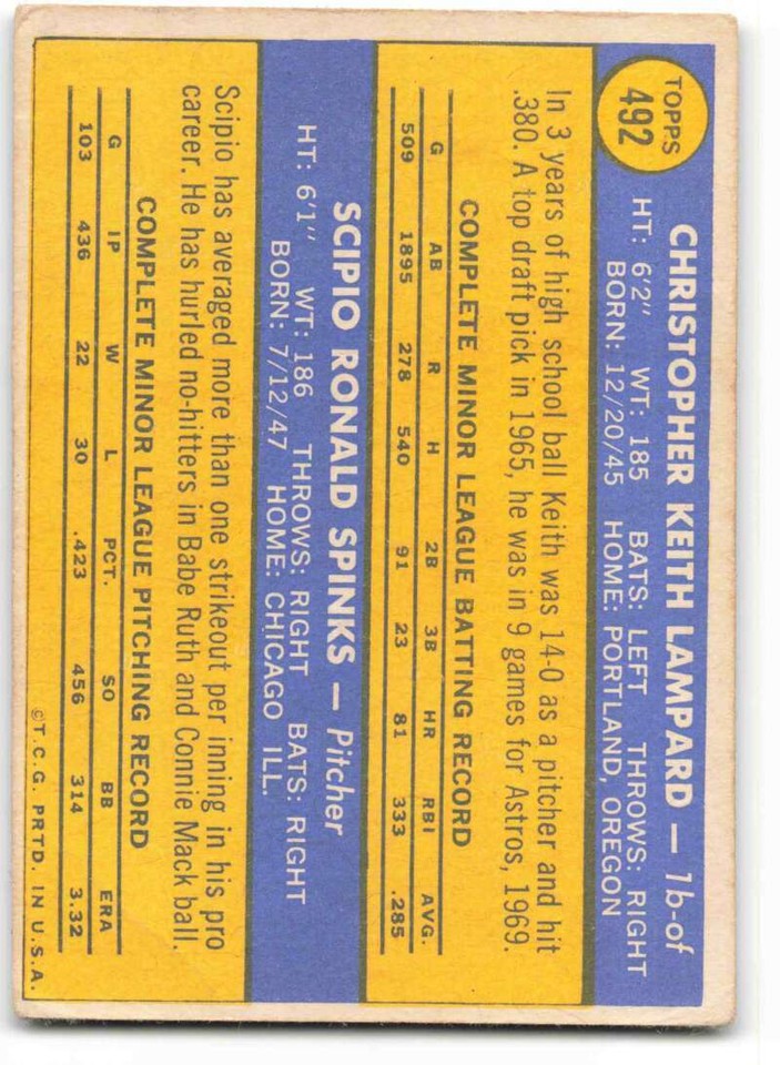 1970 Topps #492 Keith Lampard/Scipio Spinks P Poor RC Rookie Astros ID ...
