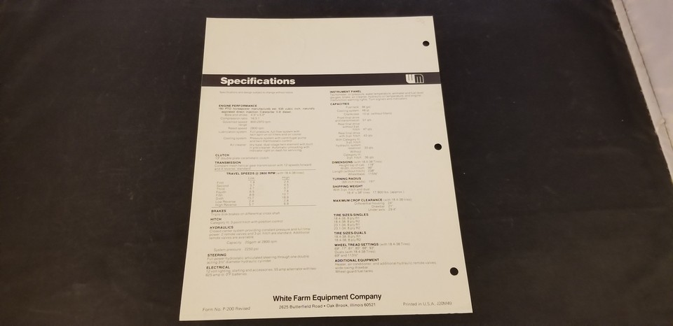 White Farm Equipment 4-180 Field Boss 180 PTO Horse Power Tractor Spec ...