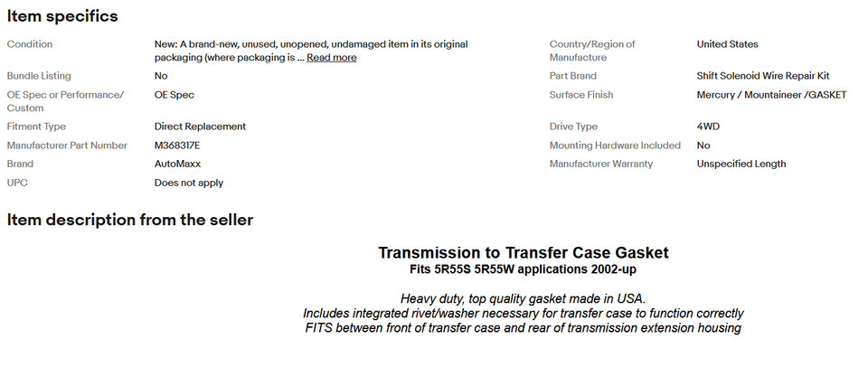 5R55S 5R55W Transmission to Transfer Case Gasket fits Explorer 2002 ...