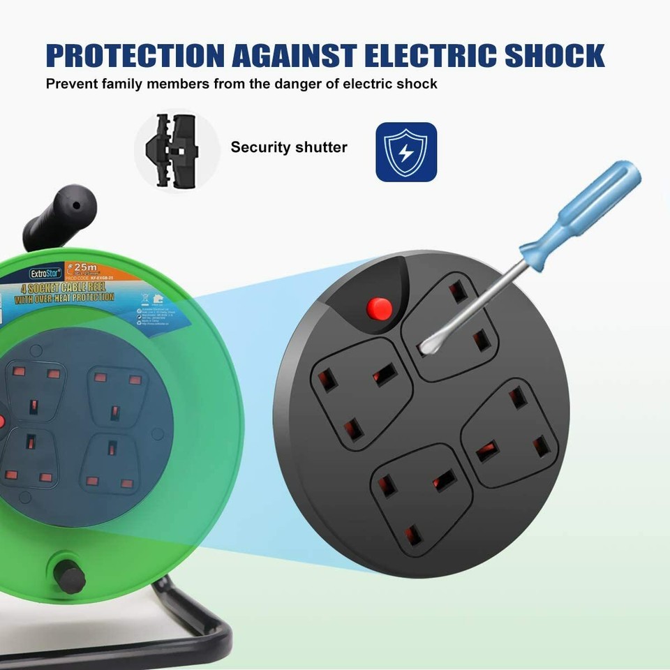 4 WAY HEAVY DUTY CABLE METER 25M METRE EXTENSION REEL LEAD MAINS SOCKET ...