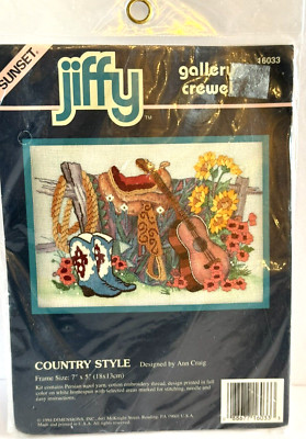 Jiffy Gallery Crewel Embroidery Kit Country Style 7x5 Guitar Boots ...
